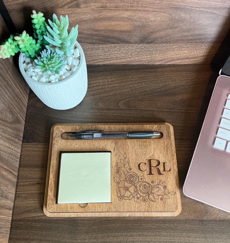 Notepad and Pen Stand, Monogrammed Sticky Note Holder, Personalized ...