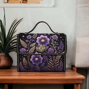 Cute Purple Floral Canvas Satchel Bag, Vegan Leather Strap Cottagecore ...