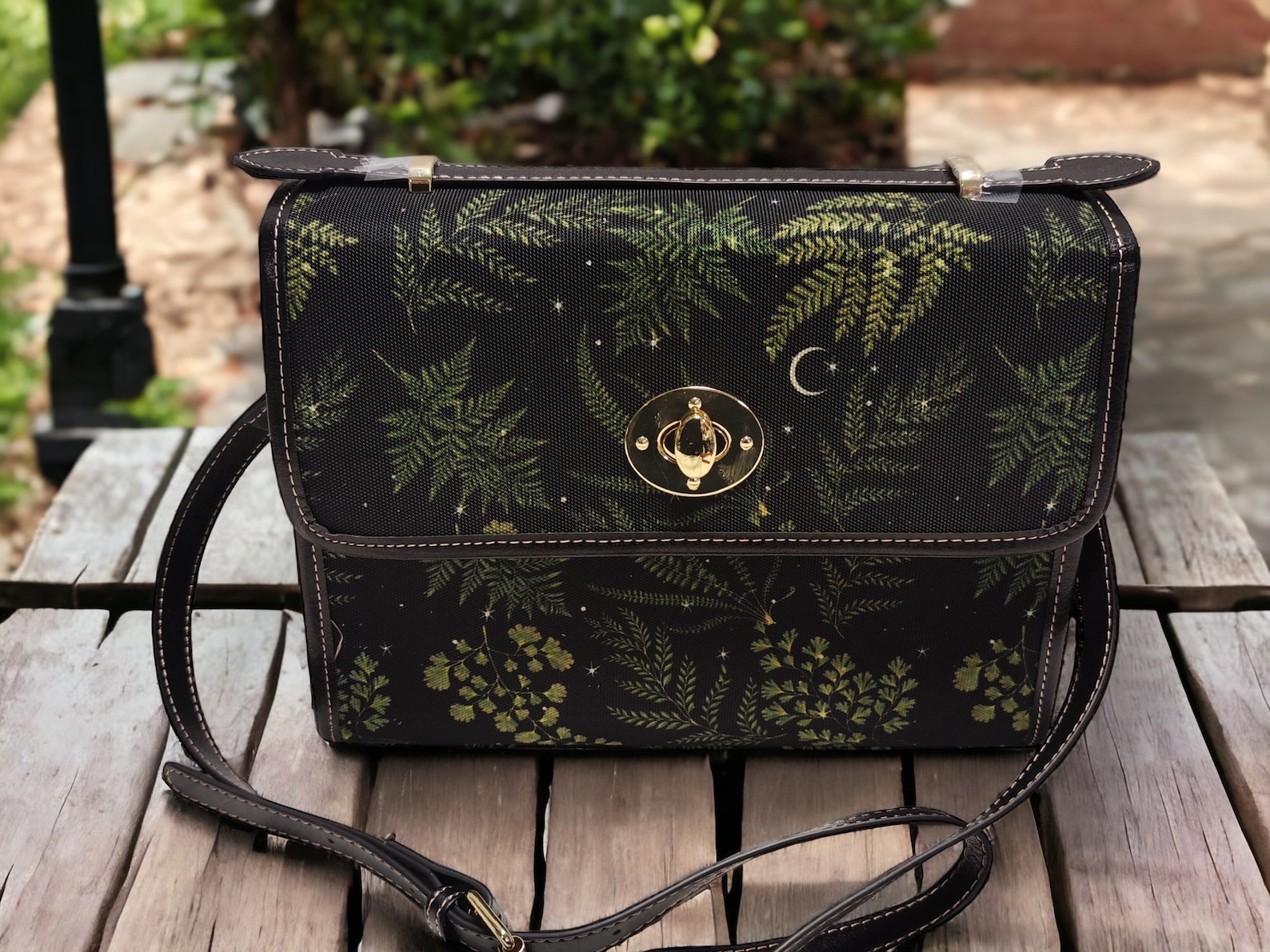 Boho Fern Forest Black Canvas Satchel Bag, Green Crossbody Moon Purse ...