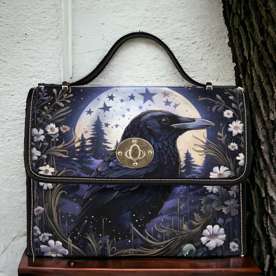 Dark Cottagecore Witchy Crow Black Canvas Satchel Bag, Cute Women ...