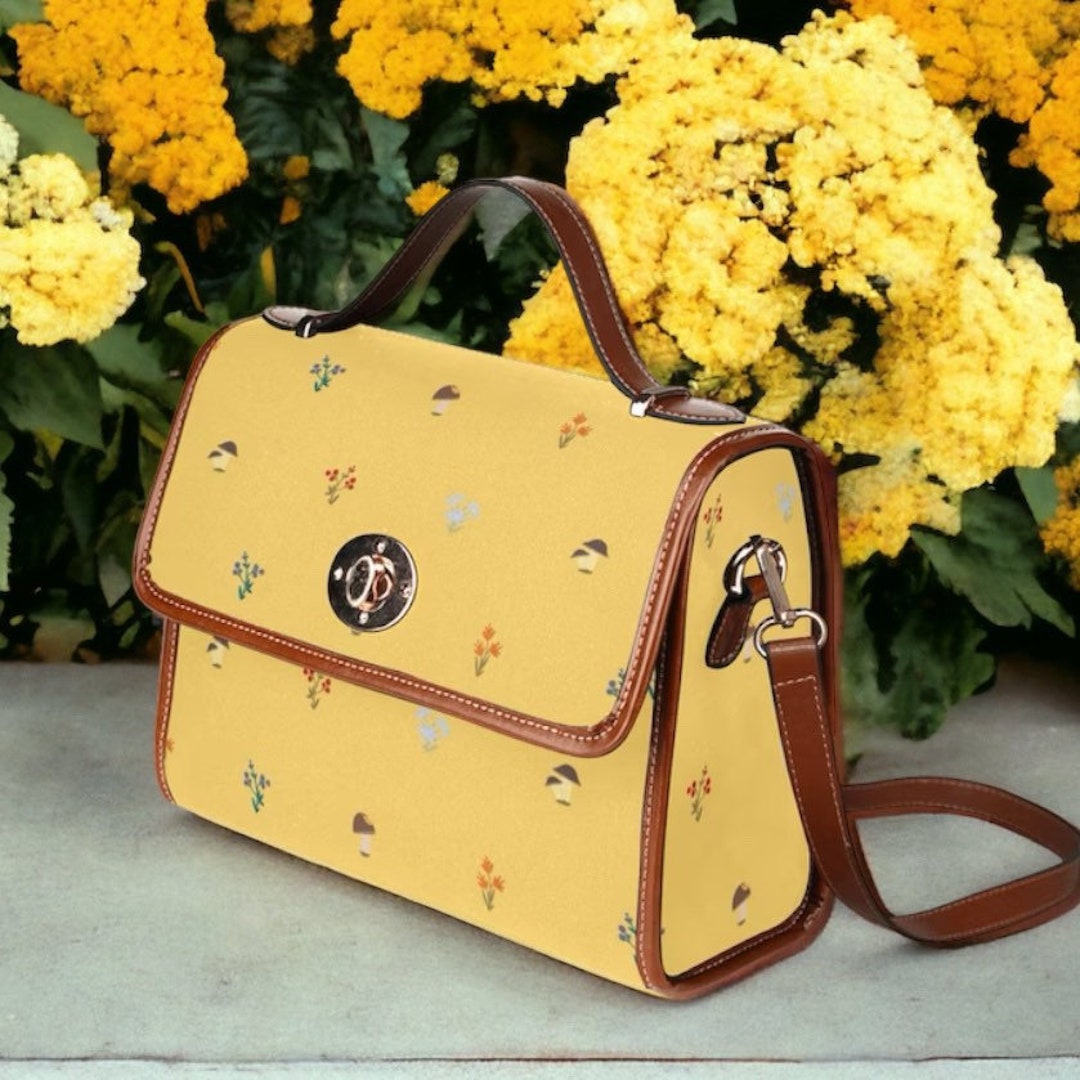 Minimal Cottagecore Mushroom and Leaves Canvas Satchel Bag, Cute Women ...