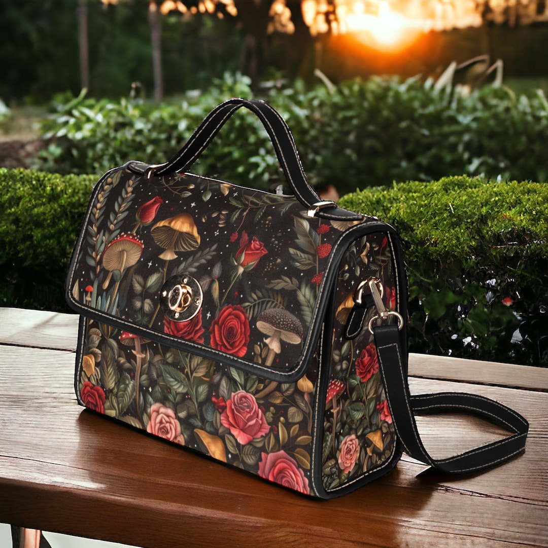 Dark Cottagecore Rose Canvas Satchel Bag, Women Rose Moth Crossed Body ...
