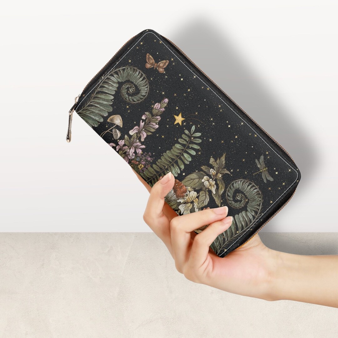 Black Kawaii Witch Ferns Cottagecore Nature Zipper Wallet, Witchy Pu ...