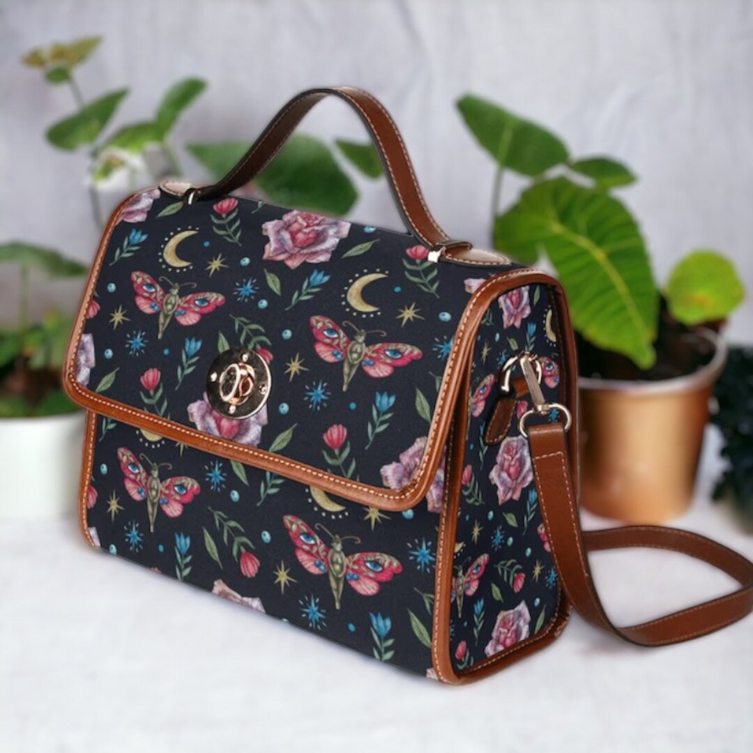 Dark Cottagecore Rose Canvas Satchel Bag, Women Rose Moth Crossed Body ...