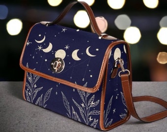 Starry Moon Phases Witchy Canvas Satchel Bag, Cute Women Moon Crossbody ...