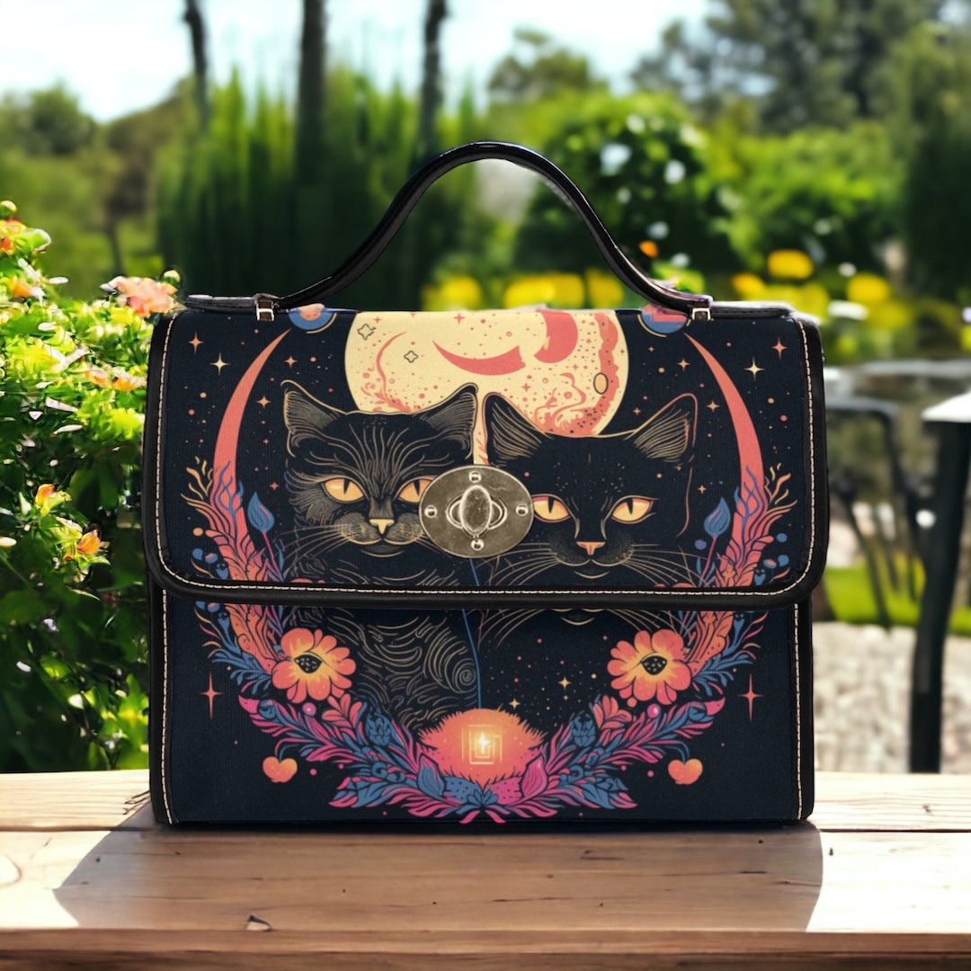 Witchy Black Cats Boho Canvas Satchel Bag, Cottagecore Ferns Cute Witch ...