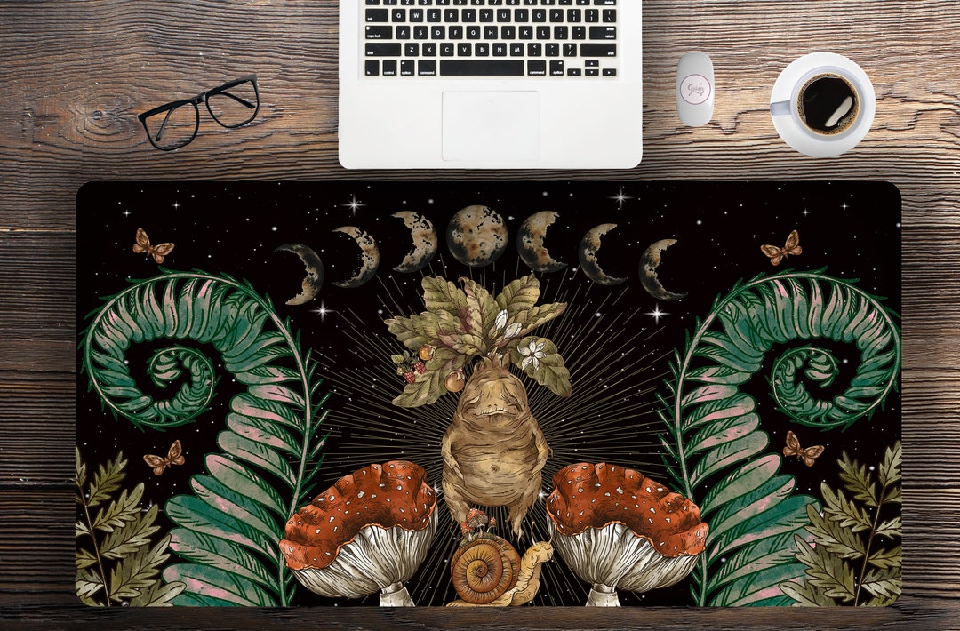 Black Cottagecore Mushroom Moon Phase Occult Witch Desk Mat, Witchy ...
