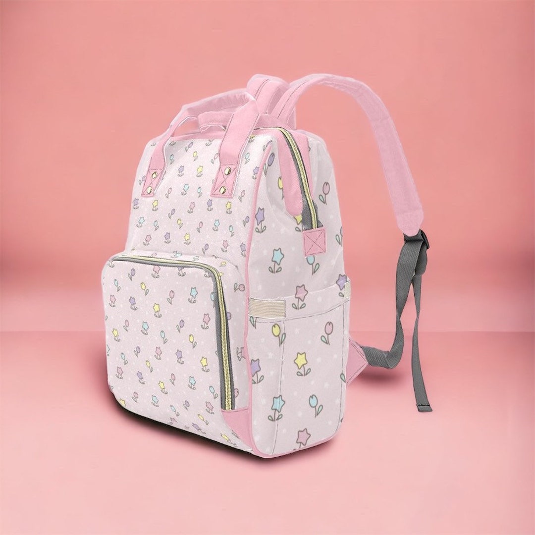 Pink Kawaii Floral Diaper Backpack, Pink Diaper Bag, Kawaii Diaper Bag ...