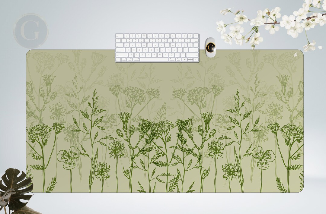 Boho Sage Green Desk Mat Herbal Botanical Fern Forest Extended Mouse ...