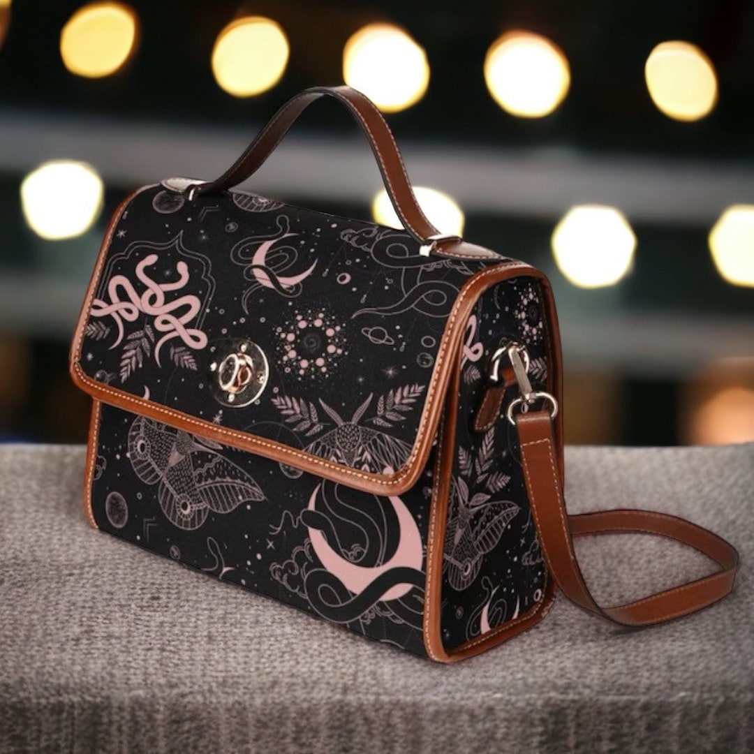 Cottagecore Moon Witch Canvas Satchel Bag, Black Vegan Leather Crossed ...