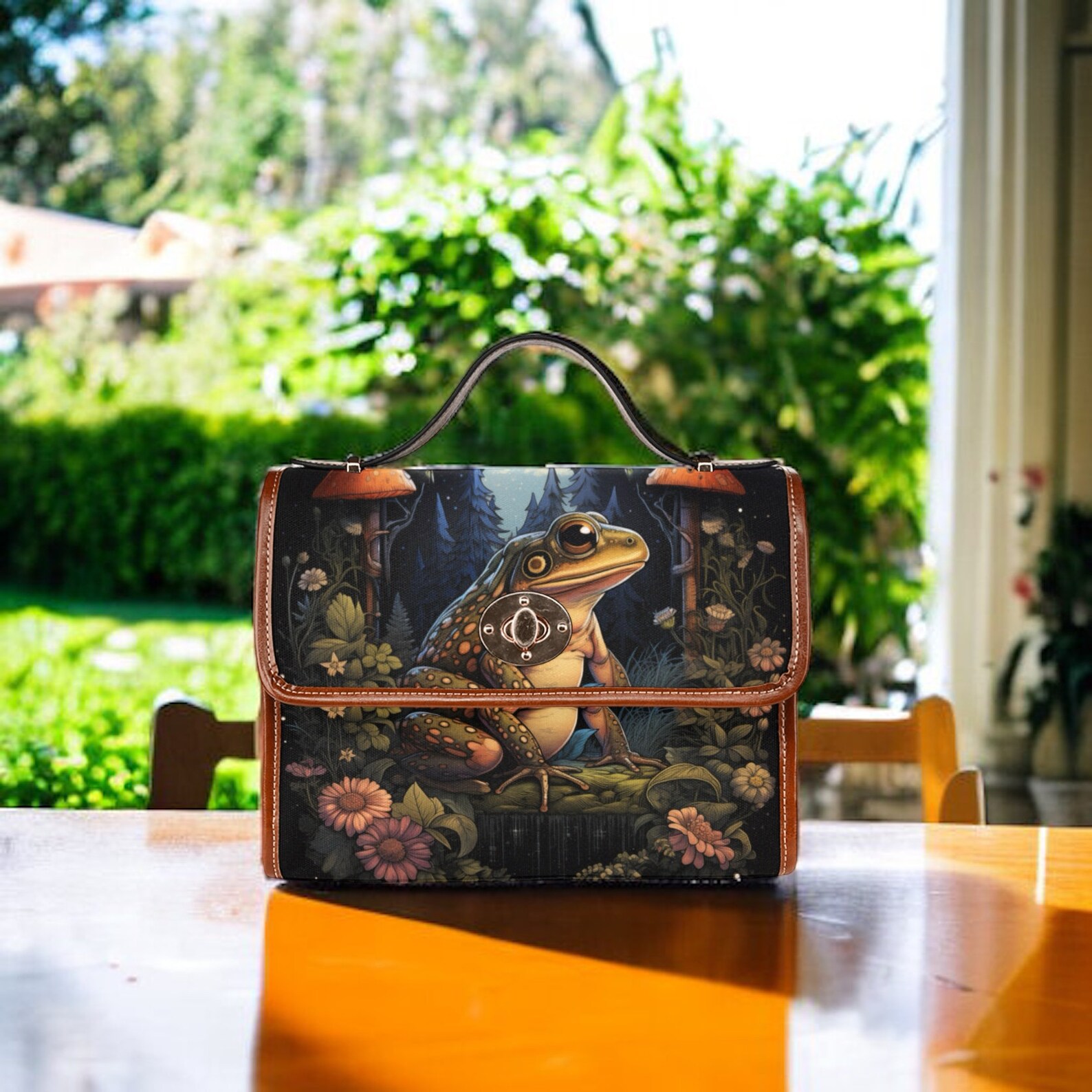 Green Frog Canvas Satchel Bag, Whimsical Mushroom Frog Purse, Vegan ...