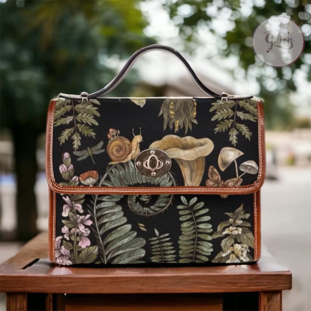 Green Mushroom Cottagecore Canvas Satchel Bag, Cottagecore Forest Women ...