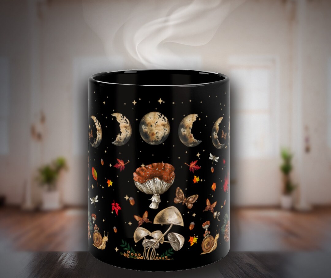 Mystical Black Witchy Mug, Cottagecore Mushroom Mug, Moon Phases ...