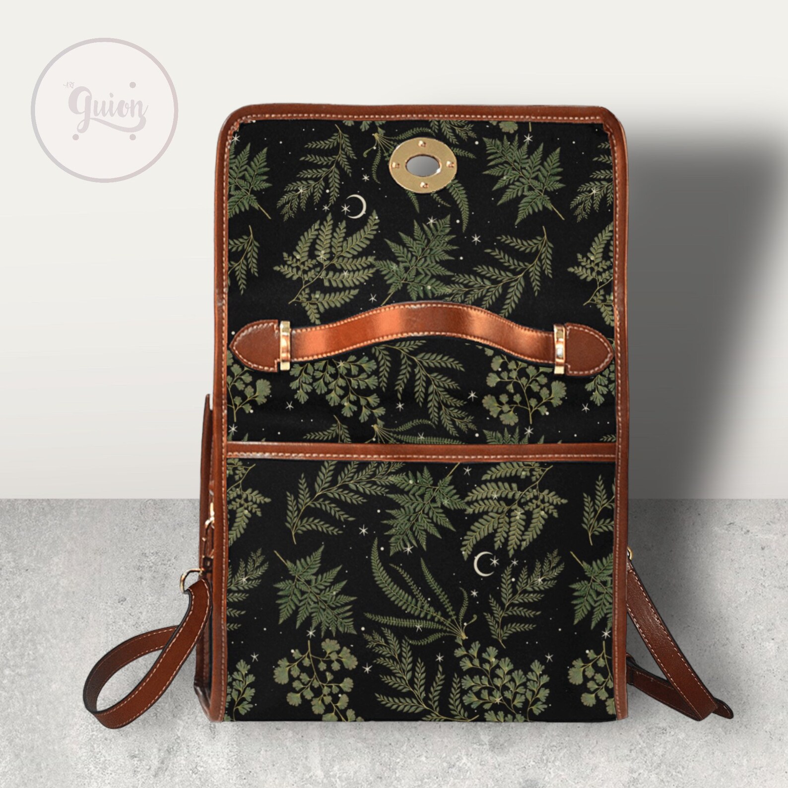 Boho Fern Forest Black Canvas Satchel Bag, Green Crossbody Moon Purse ...