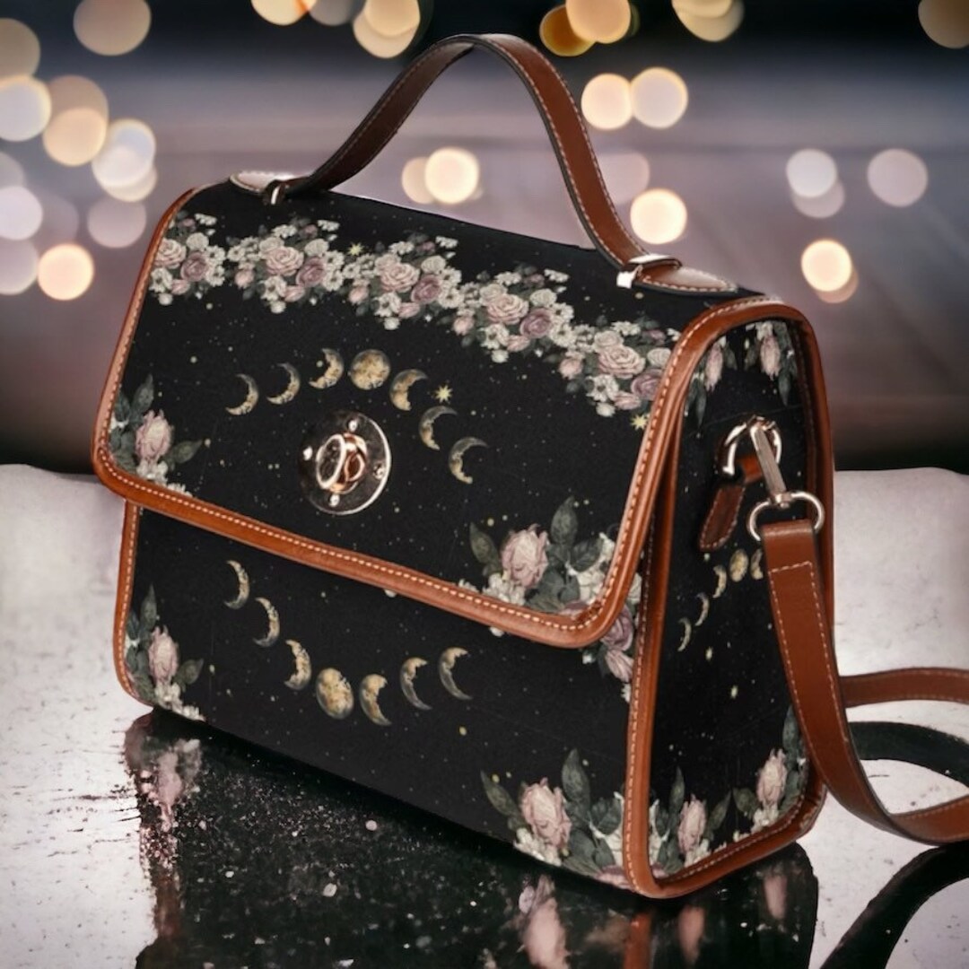 Cottagecore Witch Canvas Satchel Bag, Cute Women Rose Moon Crossed Body ...