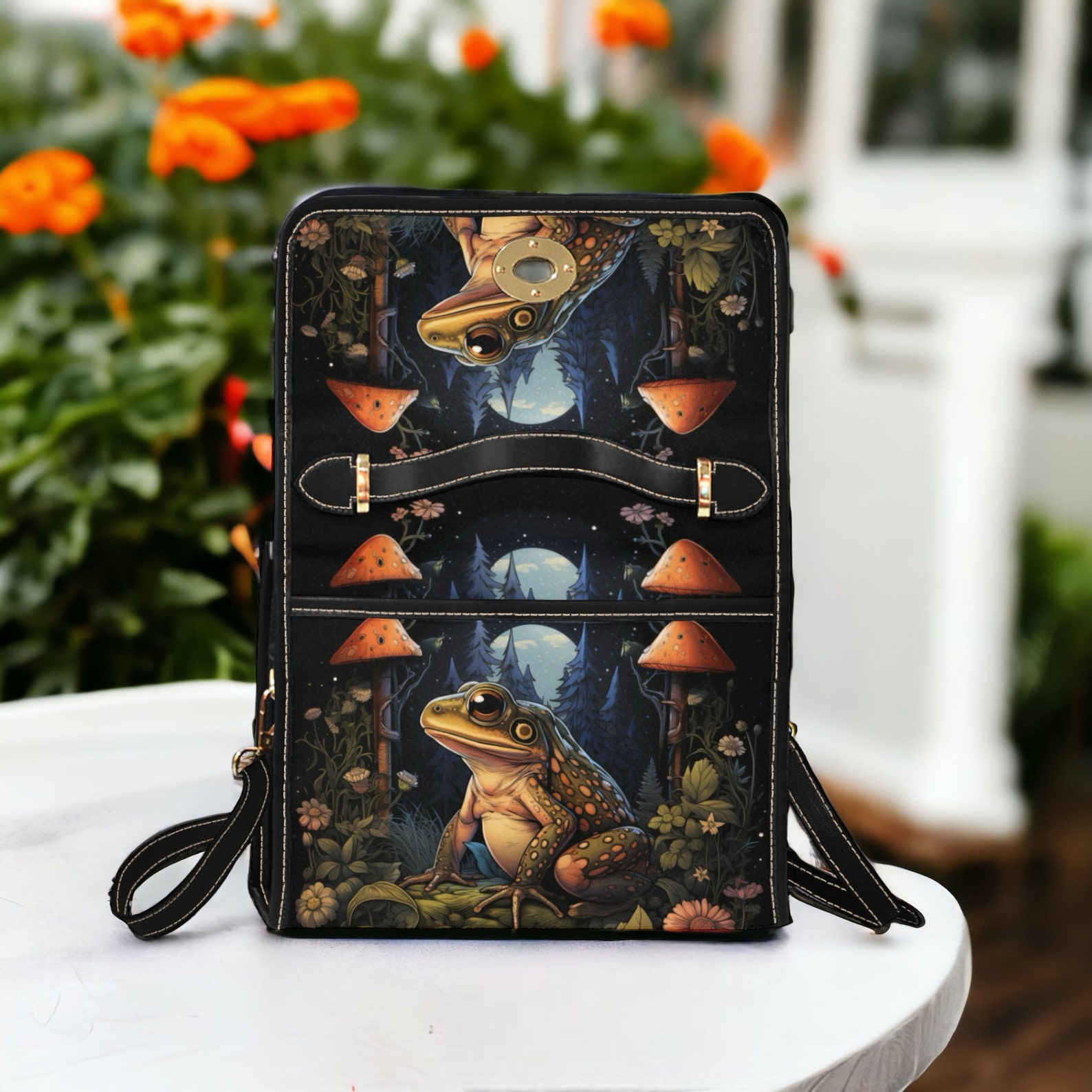Green Frog Canvas Satchel Bag, Whimsical Mushroom Frog Purse, Vegan ...