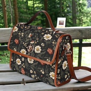 Cottagecore Dark Floral Cute Canvas Satchel Bag, Vegan Leather Crossed ...