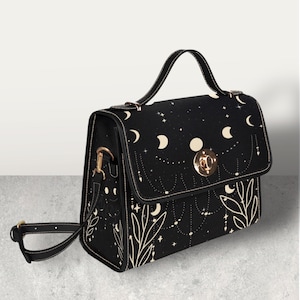Starry Moon Phases Witchy Canvas Satchel Bag, Cute Women Moon Crossbody ...