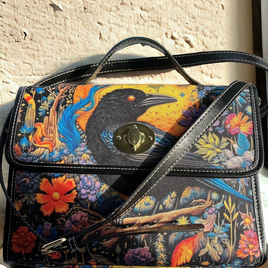Cottagecore Black Crow Canvas Satchel Bag, Boho Celestial Handbag, Cute ...