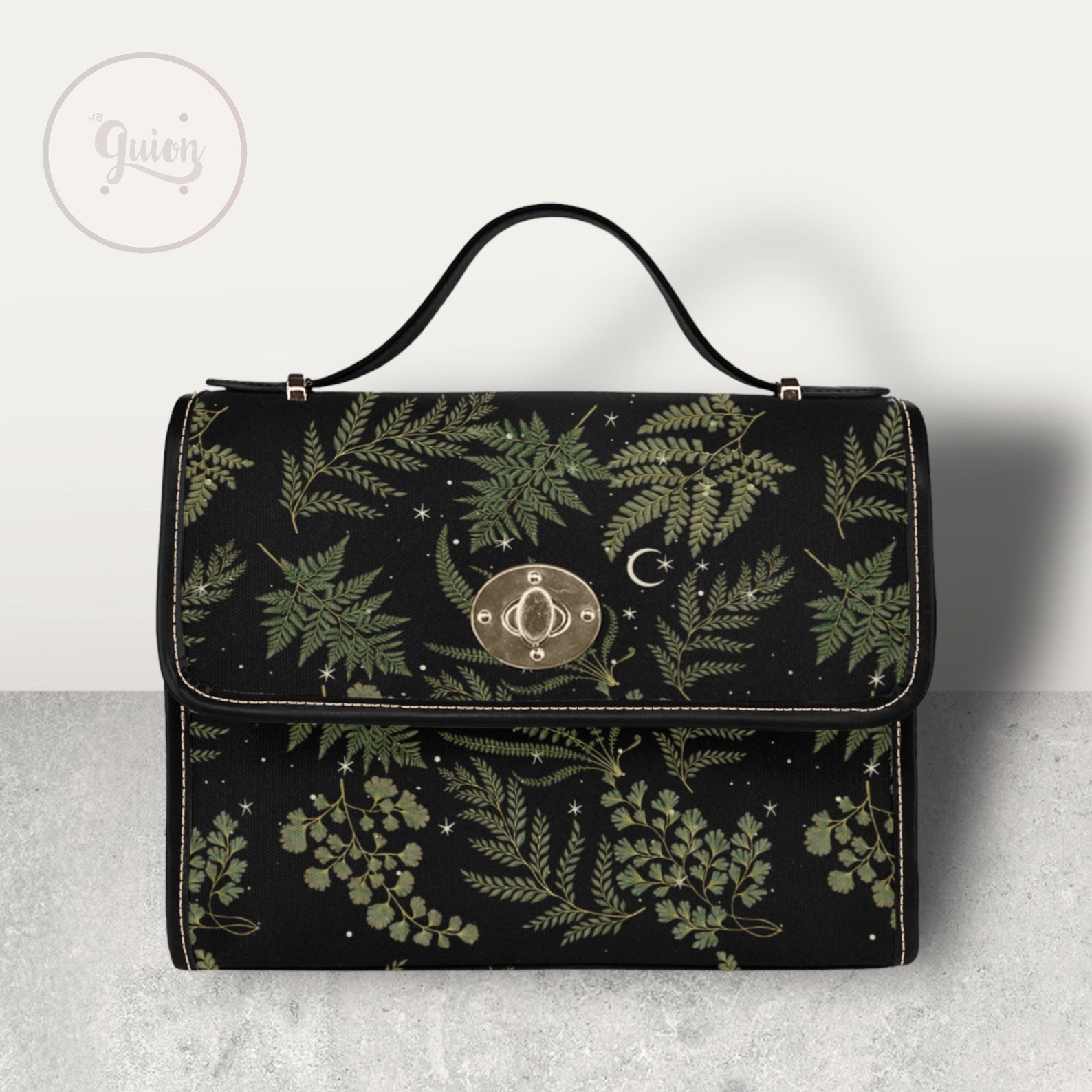 Boho Fern Forest Black Canvas Satchel Bag, Green Crossbody Moon Purse ...