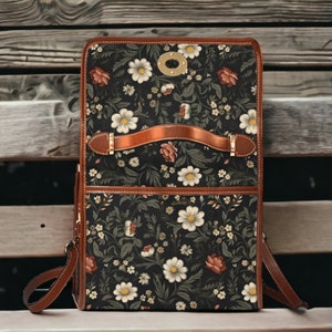 Cottagecore Dark Floral Cute Canvas Satchel Bag, Vegan Leather Crossed ...