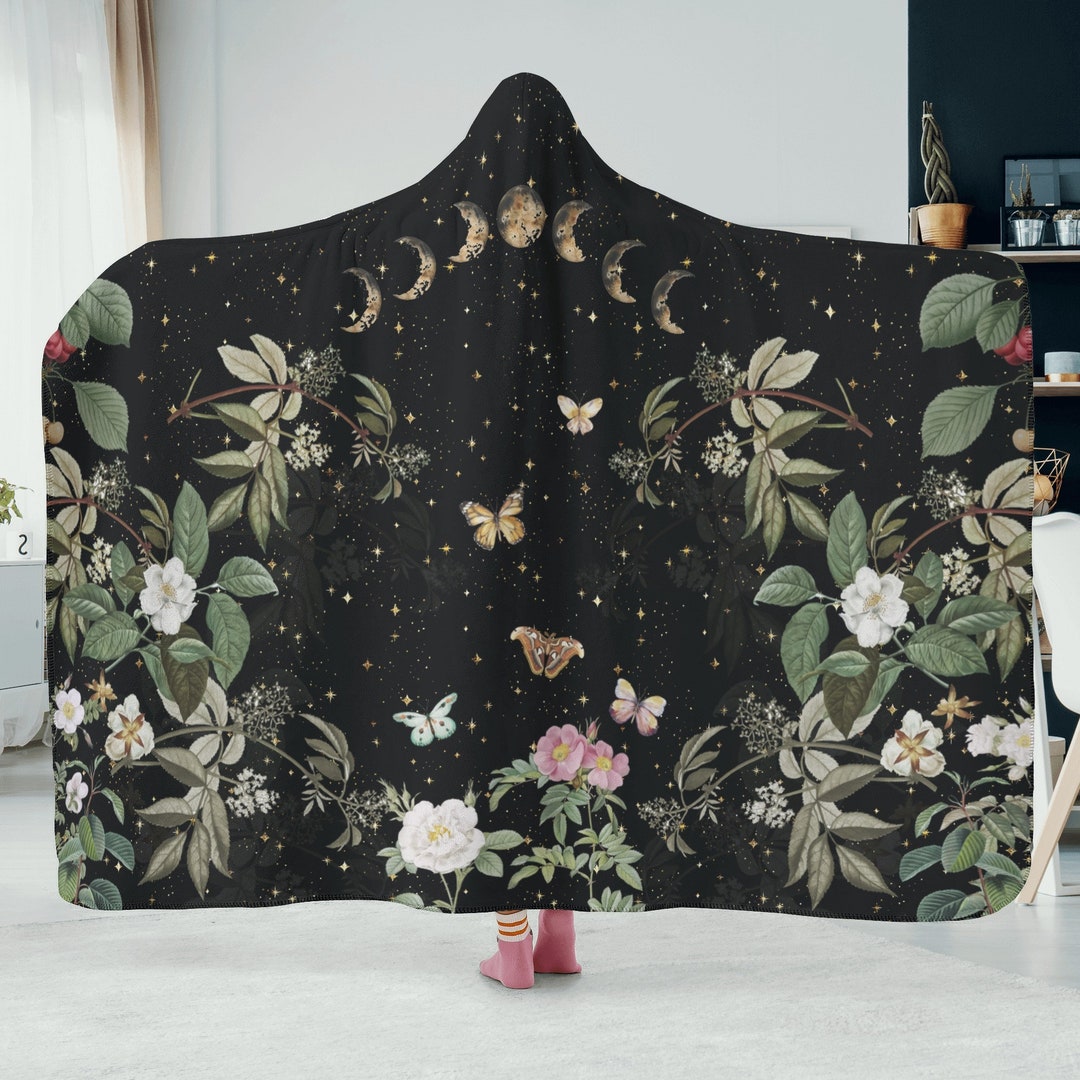 Cottagecore Moon Floral Hooded Blanket, Maximalist Witchy Lounging Cozy ...