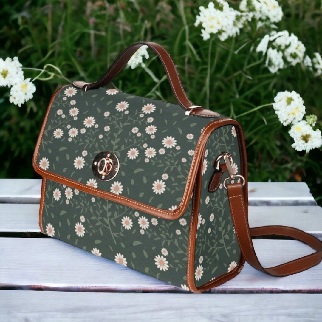 Cottagecore Daisy Boho Floral Green Canvas Satchel Bag, Women Boho ...