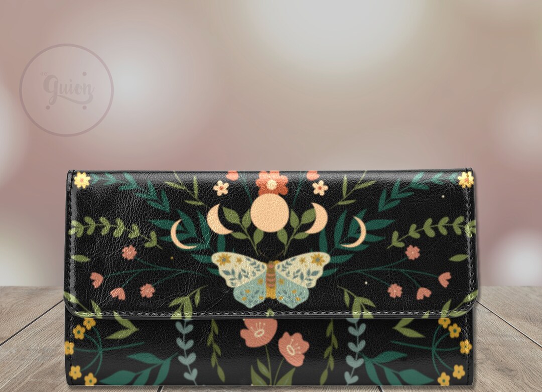 Cottagecore Floral Moon Phases Trifold Wallet, Nature Purse Vegan PU ...