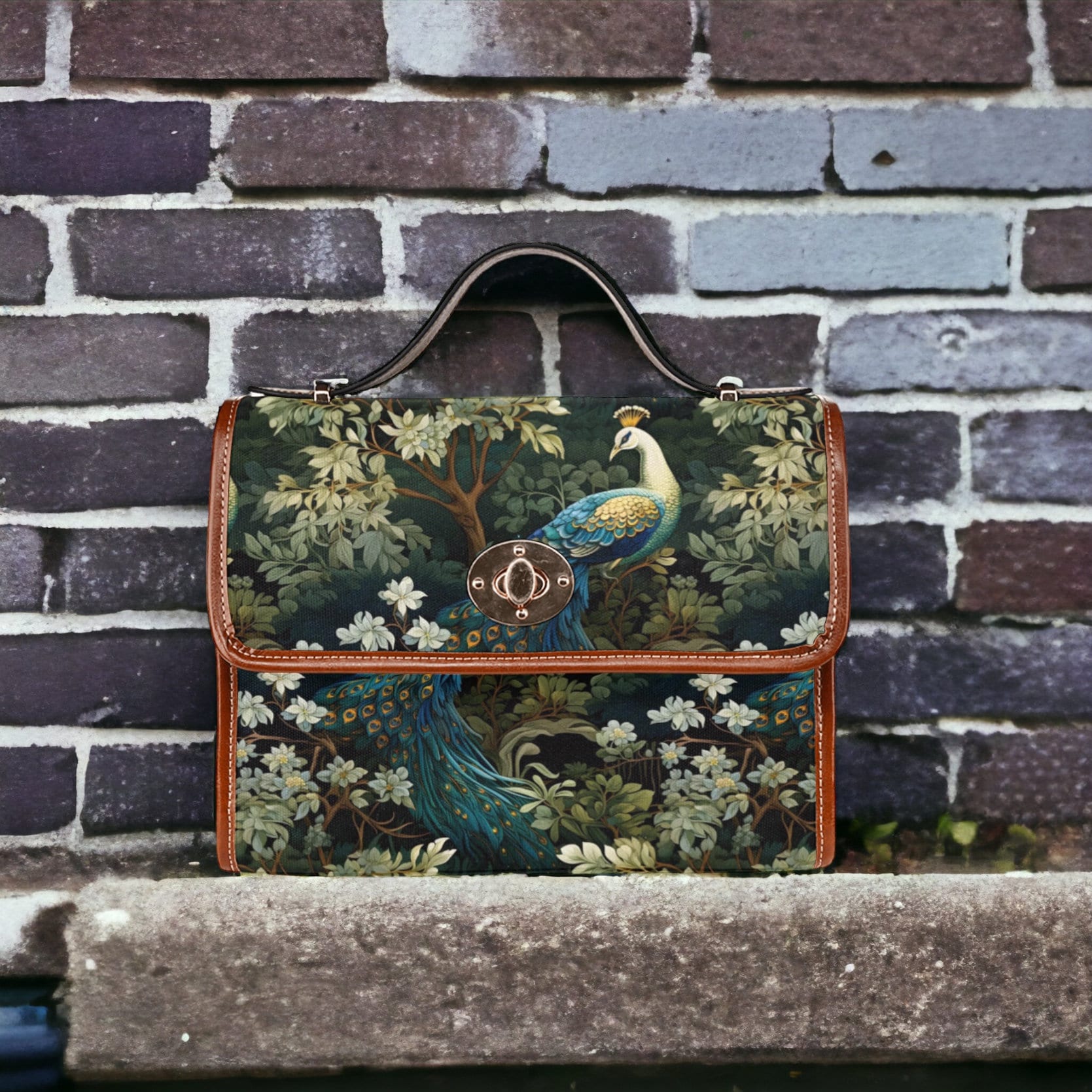 Cottagecore Floral Peacock Cute Canvas Satchel Bag, Vegan Leather Strap ...