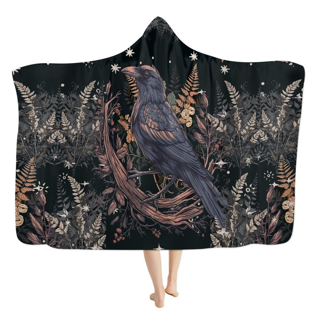 Cottagecore Fern Raven Hooded Blanket, Black Witchy Lounging Cozy ...