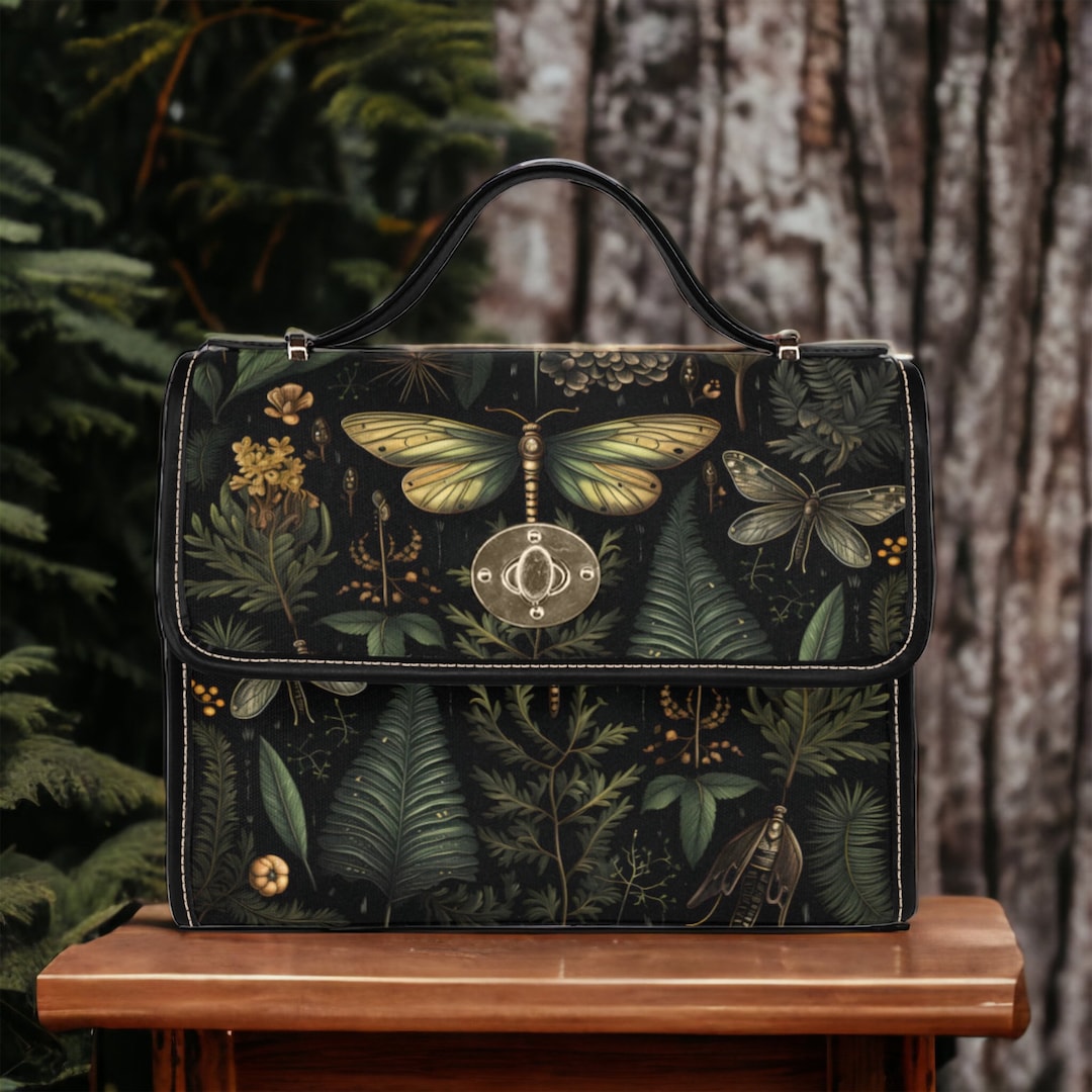 Butterfly Botanical Ferns Canvas Satchel Bag, Cottagecore Forest Women ...