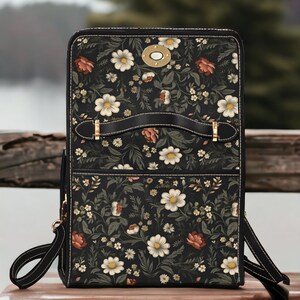 Cottagecore Dark Floral Cute Canvas Satchel Bag, Vegan Leather Crossed ...