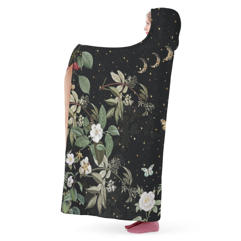Cottagecore Moon Floral Hooded Blanket, Maximalist Witchy Lounging Cozy ...