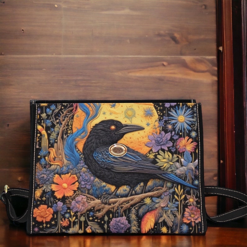 Cottagecore Black Crow Canvas Satchel Bag, Boho Celestial Handbag, Cute ...