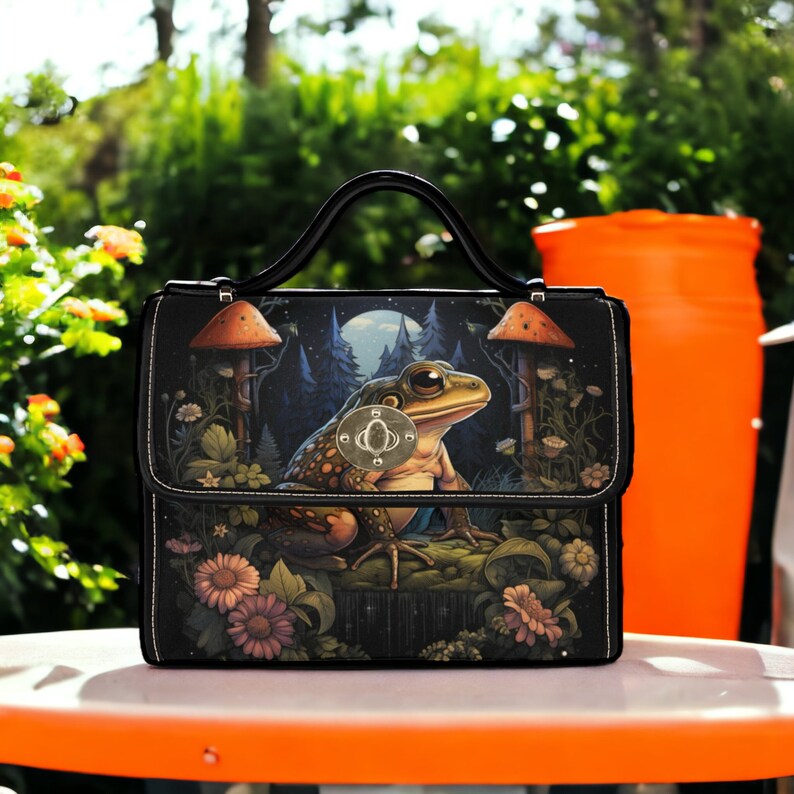 Green Frog Canvas Satchel Bag, Whimsical Mushroom Frog Purse, Vegan ...