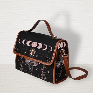 Cottagecore Moon Canvas Satchel Bag, Cute Women Mushroom Moon Crossed ...