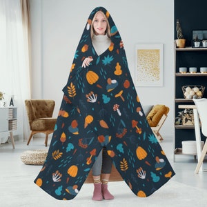 Cute Cottagecore Soft Autumn Hedgehog and Mushroom Hooded Blanket ...