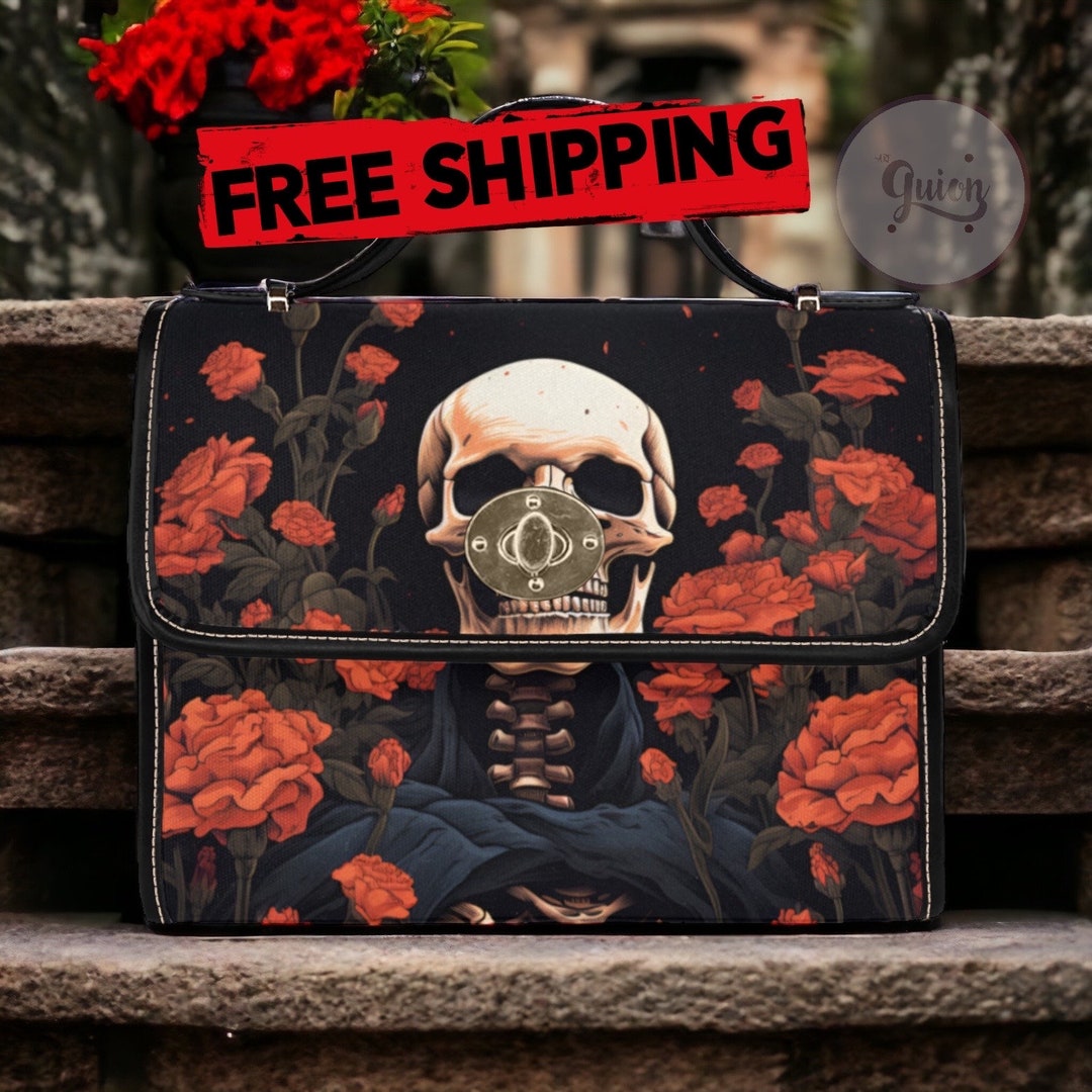 Goth Skeleton Satchel Bag, Dark Academia Red Roses Skeleton Crossed ...