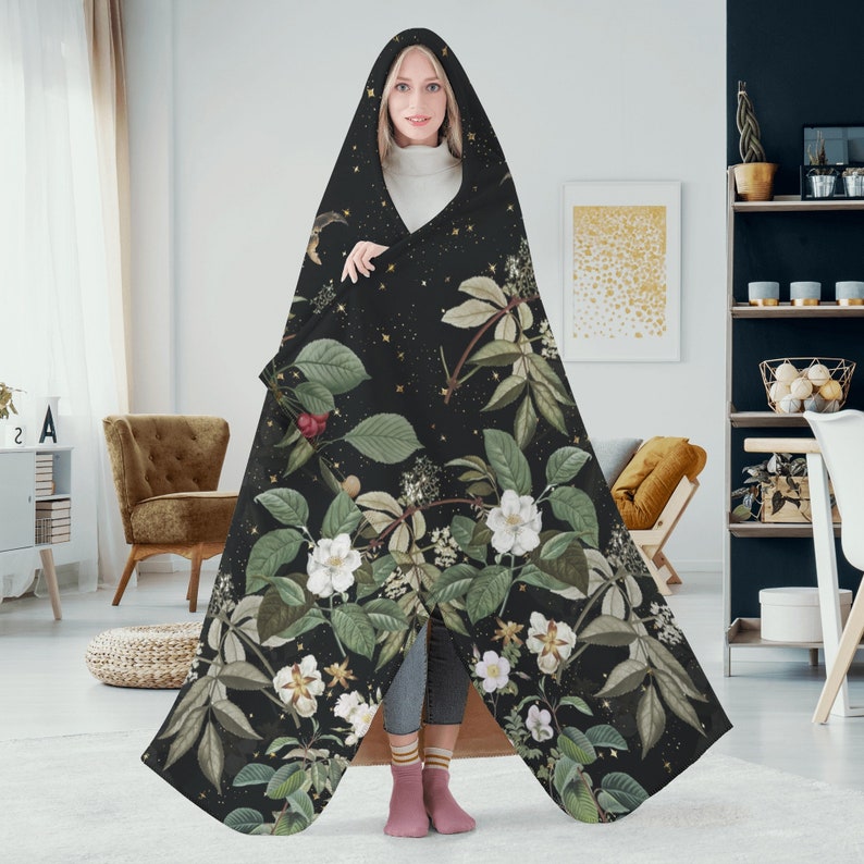 Cottagecore Moon Floral Hooded Blanket, Maximalist Witchy Lounging Cozy ...