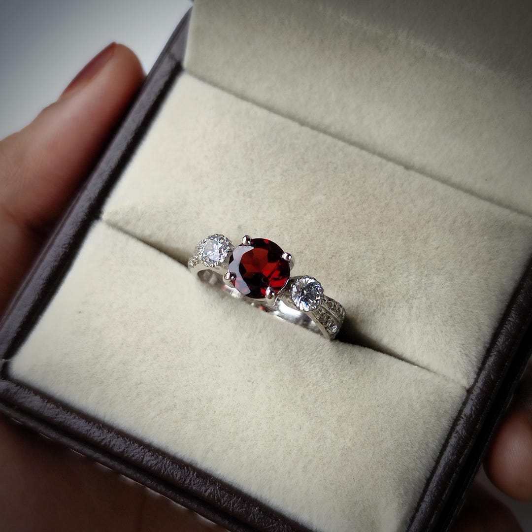 Red Garnet Gemstone Ring/ Round Cut Garnet Ring/ 925 Sterling Silver ...