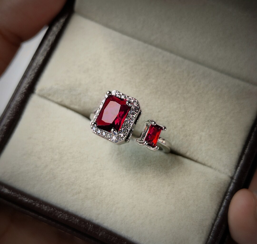 Red Garnet Ring, Two Stone Ring, Princess Cut Garnet Ring, 925 Sterling ...