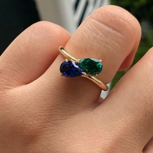 Emerald and Sapphire Two Stone Ring / Pear Cut Emerald and Blue ...