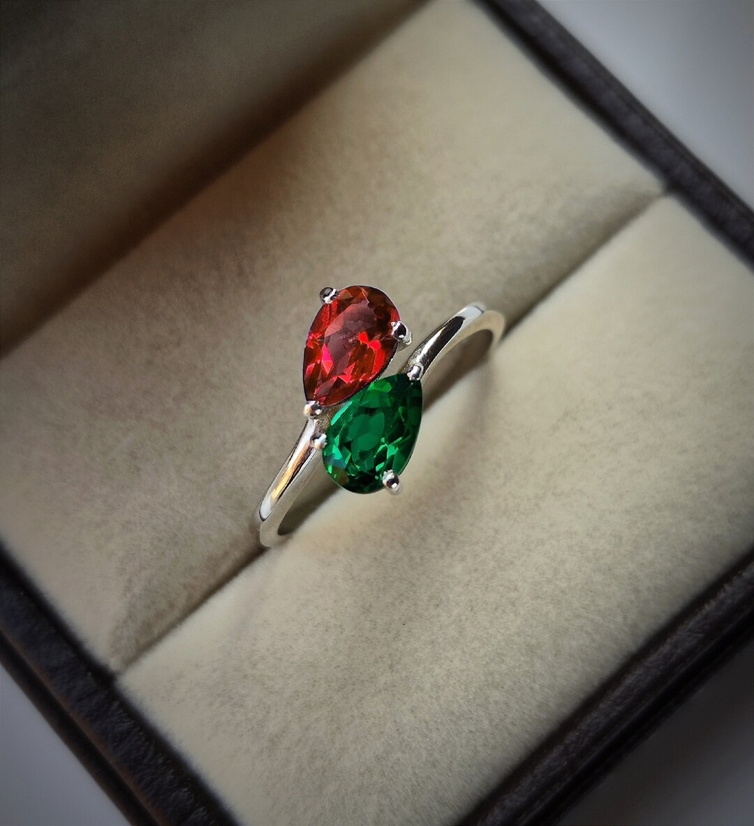 Emerald and Red Garnet Two Stone Ring/ January and May Birthstone Ring ...