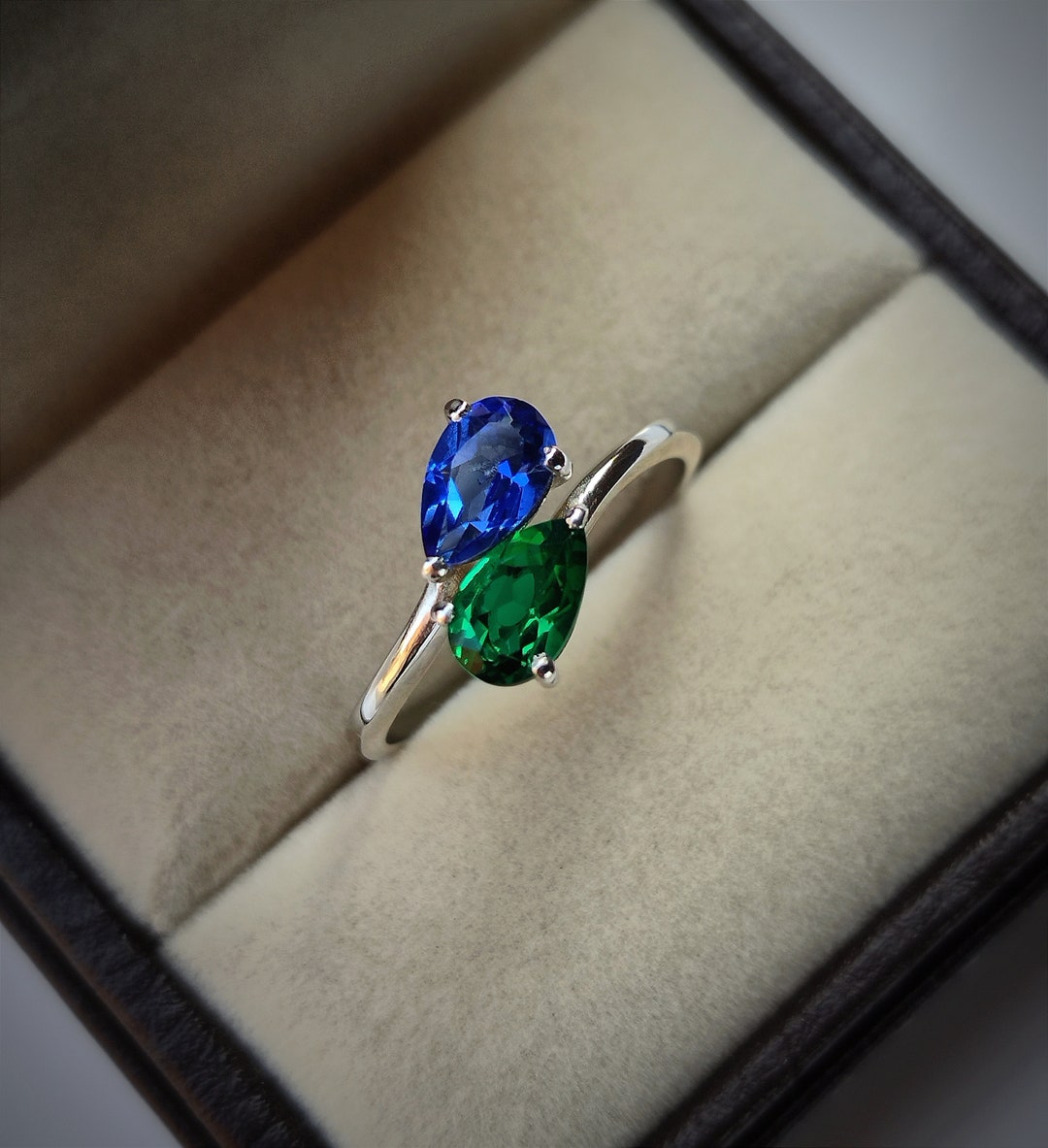 Emerald and Sapphire Two Stone Ring / Pear Cut Emerald and Blue ...