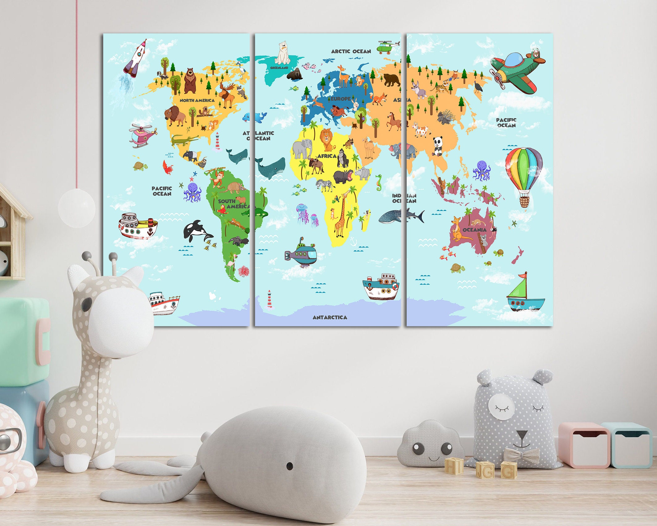 Colorful World Continent Map Kids Wall Art Animal World Map - Etsy