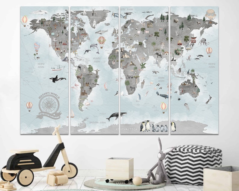 Exploring World Map Kids Wall Art Print on Canvas Personalized With ...
