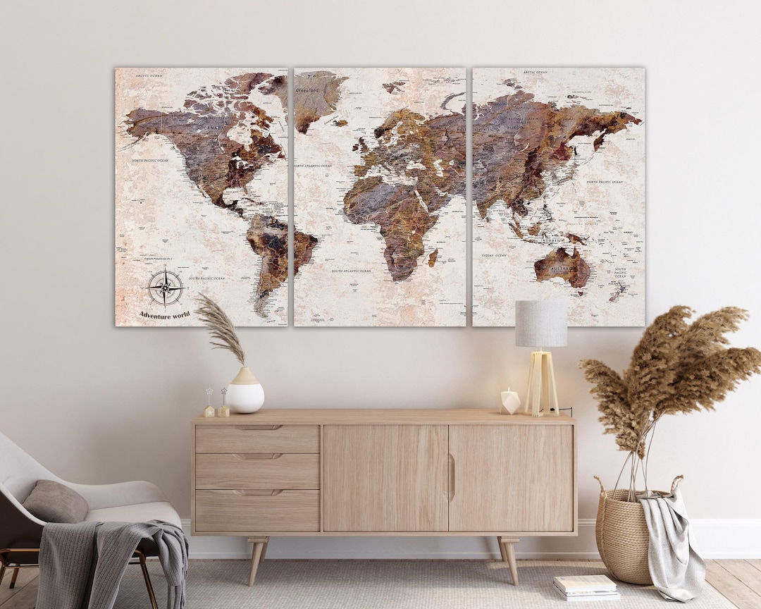 Rustic World Map Canvas Print – Vintage-style Triptych Wall Art for ...