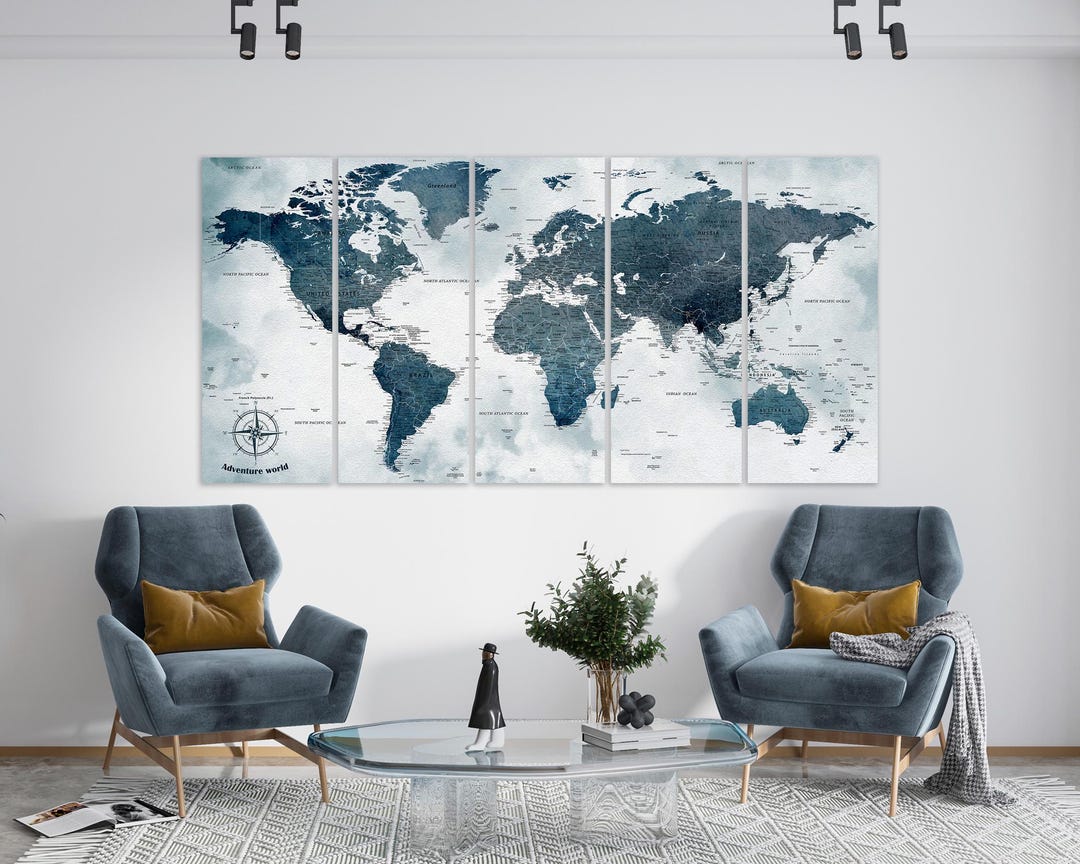 Vintage Blue World Map Wall Art Watercolor Map Decor Modern Canvas Art ...
