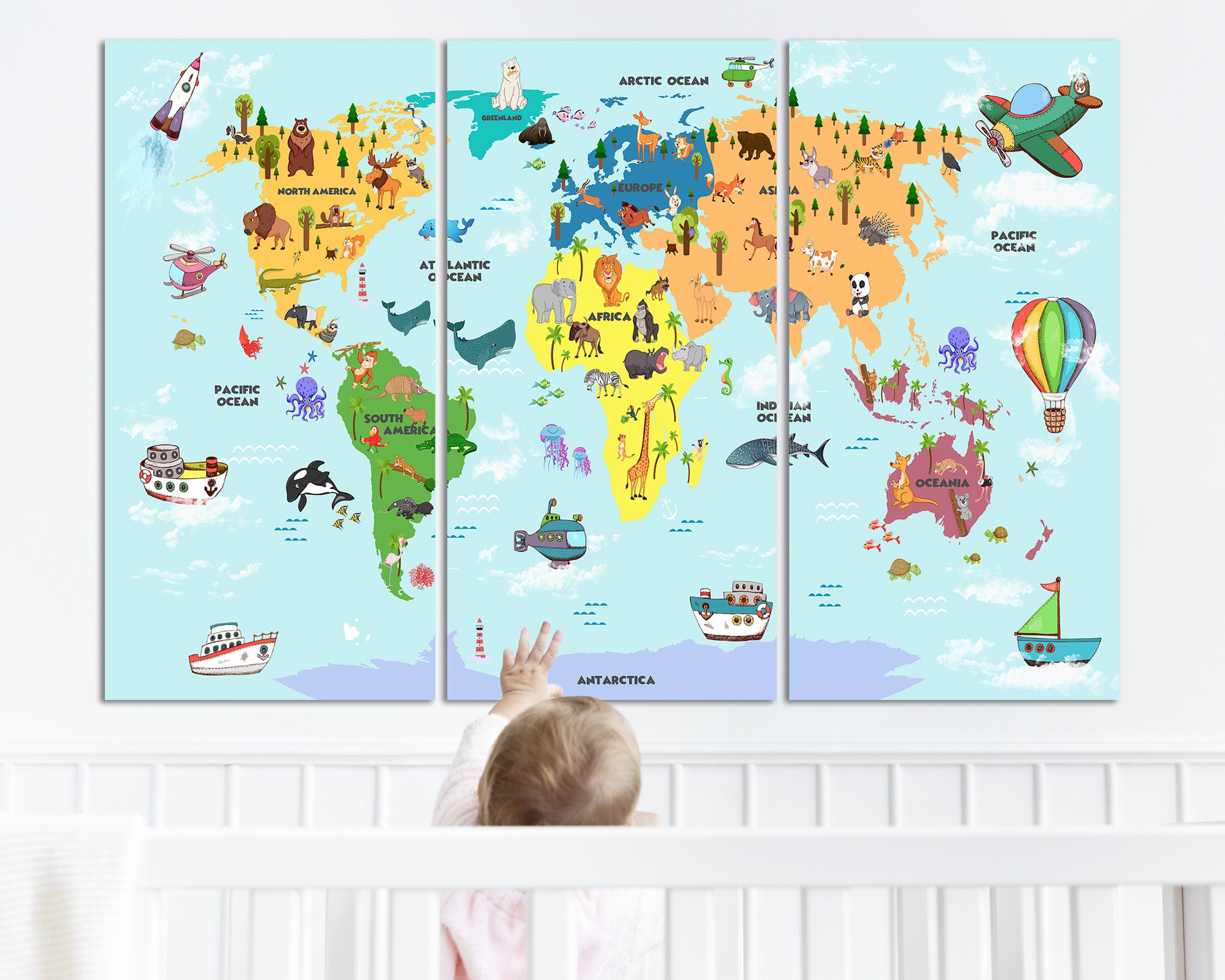 Colorful World Continent Map Kids Wall Art Animal World Map - Etsy