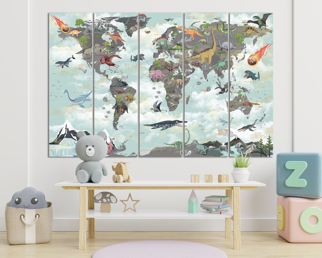 Prehistoric Fantasy Dinosaur World Map Wall Art Kids Room Wall Decor ...